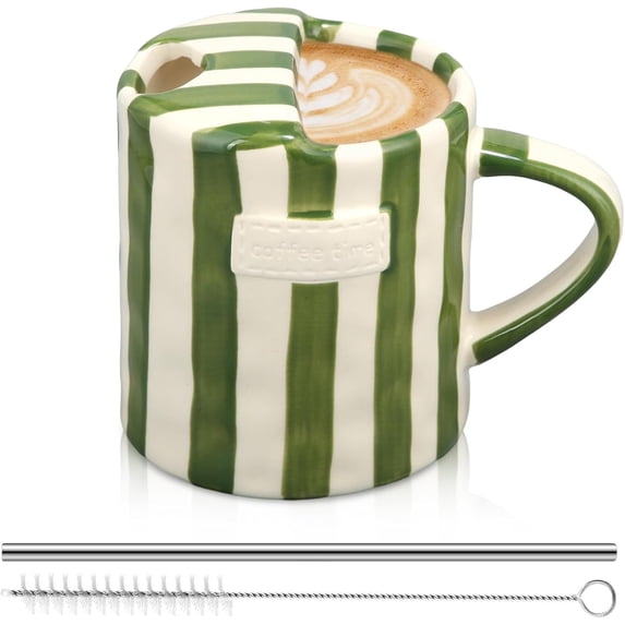 2 Pack 10oz Ceramic Coffee Mugs w/Sip Hole & Straws, Retro Hand Painted ...