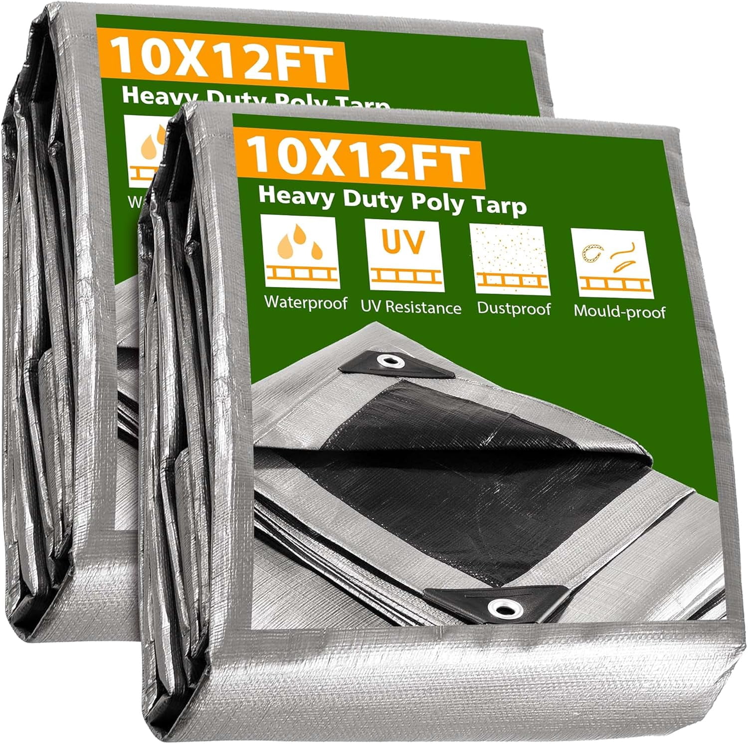 2 Pack 10x12 Ft Waterproof Poly Tarp 10-mil Heavy Duty Cover Tarpaulin ...
