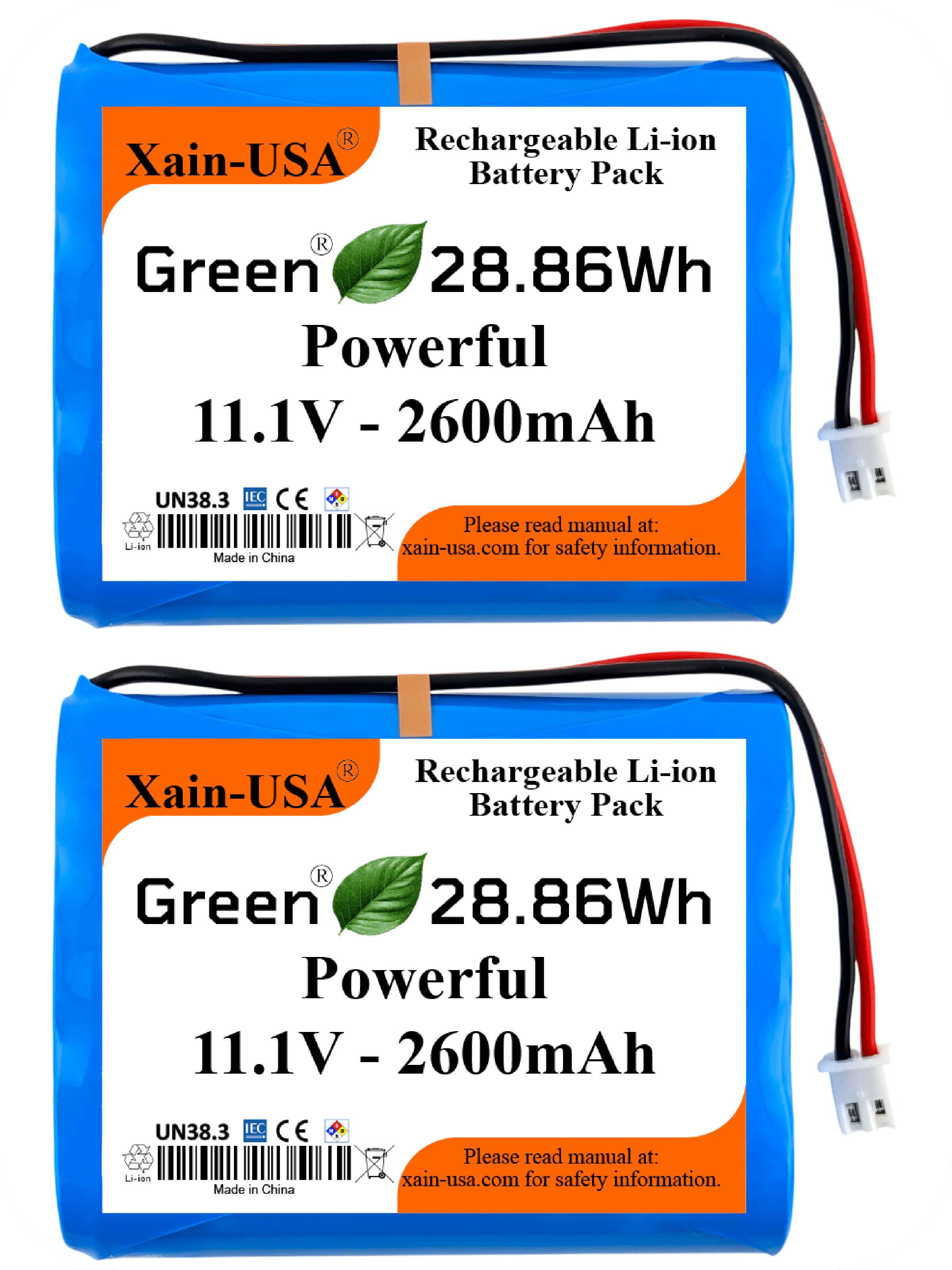 (2-Pack) 11.1V 2600mAh Li-ion Rechargeable Battery Pack, 3S1P with JST ...