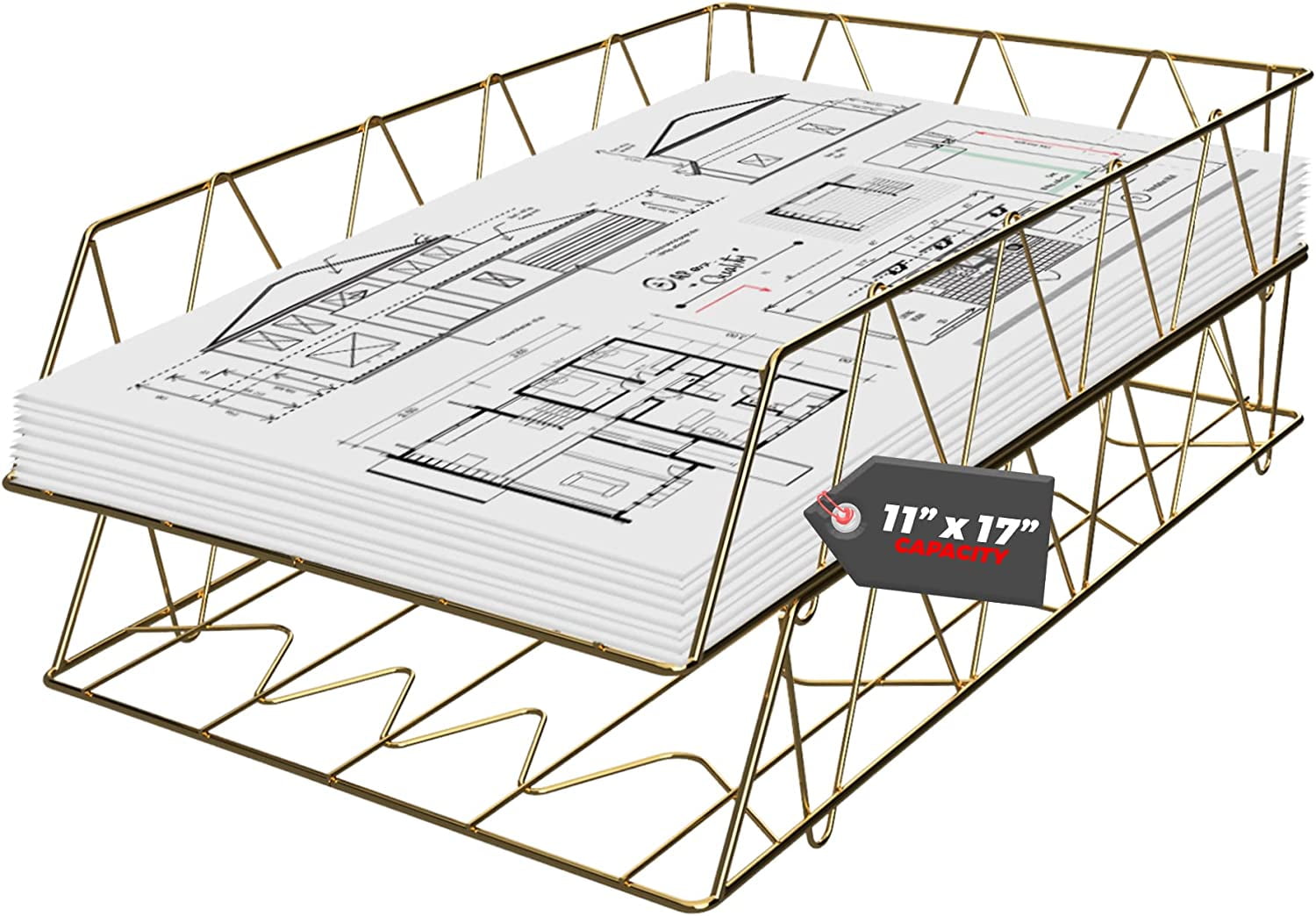 2 Pack of 11x17 Gold Stackable Wire Desk Trays, Paper Tray Organizer ...