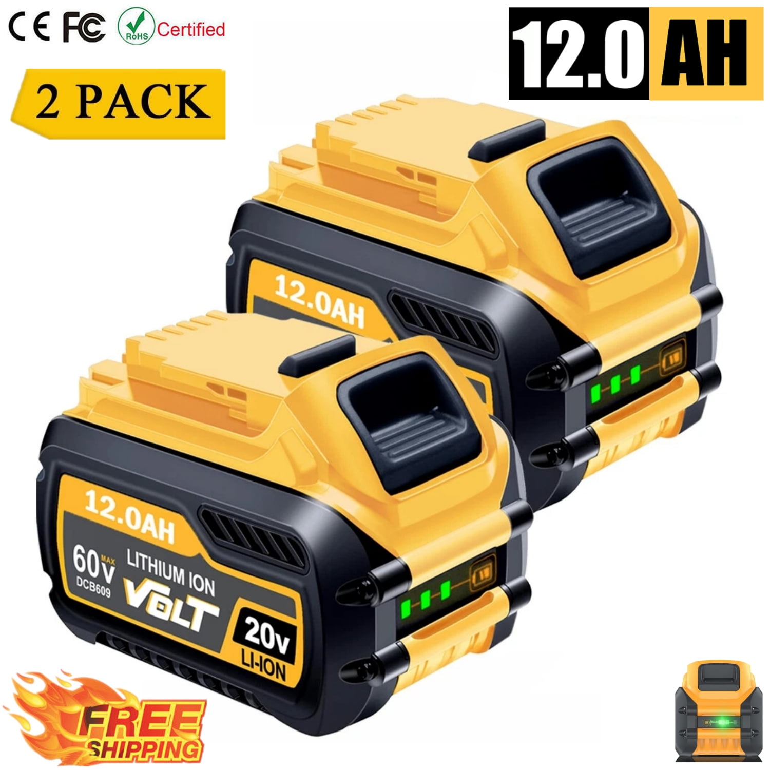 2 Pack 12.0Ah Replace for DeWalt DCB606 DCB609 20V/60V MAX Lithium Power Tools Battery - Walmart.com