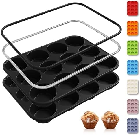 2 Pack 12 Cups Silicone Muffin Pan with Metal Reinforced Frame Regular ...