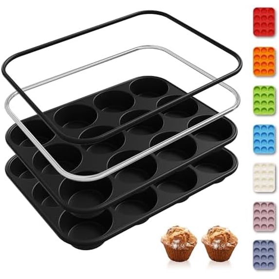 2 Pack 12 Cups Silicone Muffin Pan with Metal Reinforced Frame Regular ...