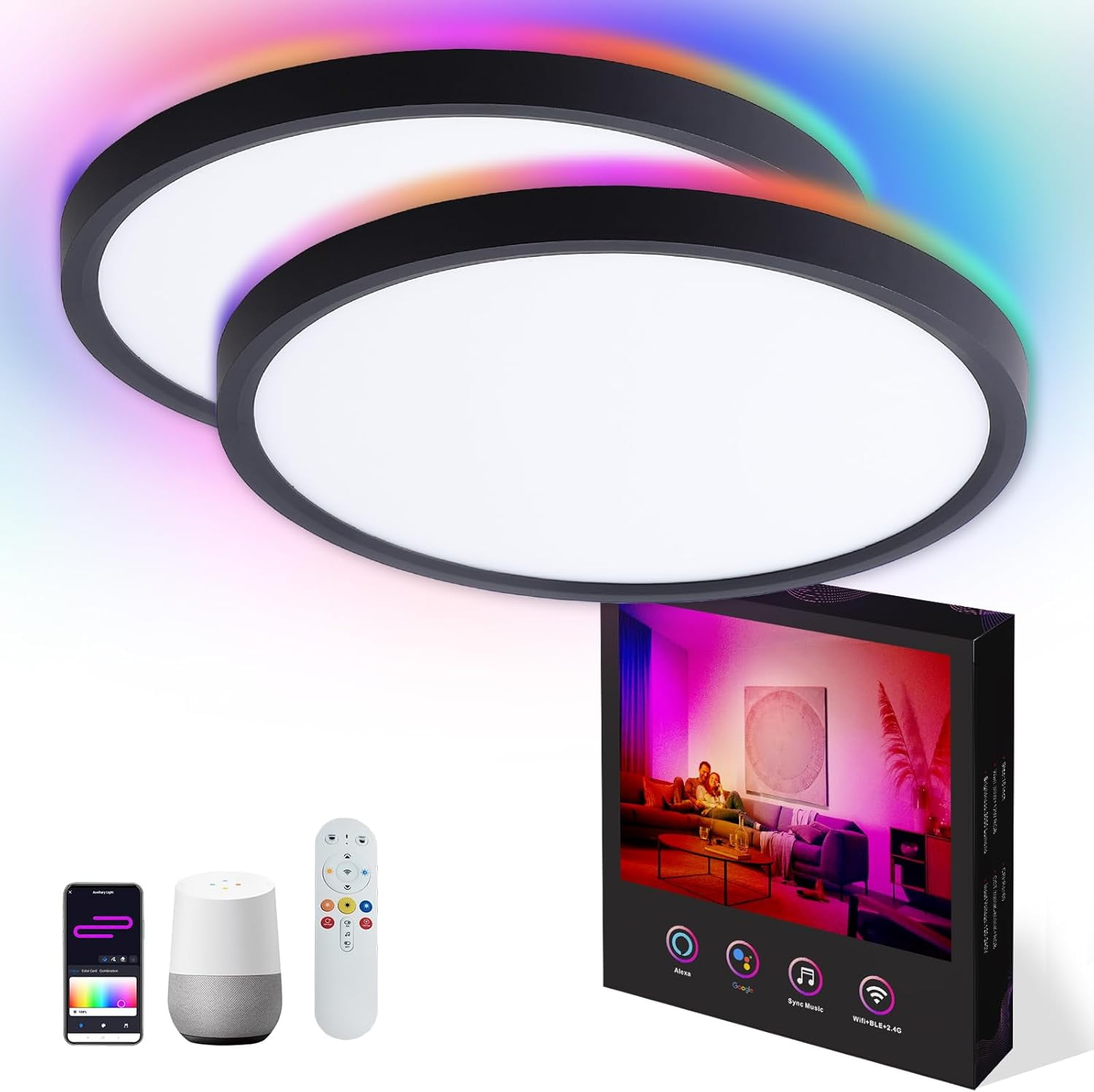 2 Pack 12 Inch Smart Ceiling Lights Black RGB Compatible with Alexa ...
