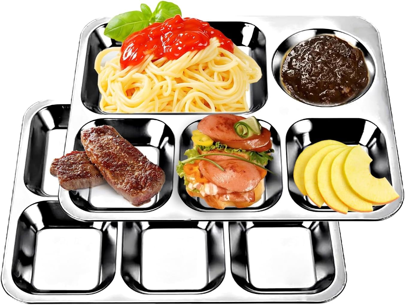 2 Pack 12 Inch Stainless Steel Rectangular Divided Plates 5 Sections ...
