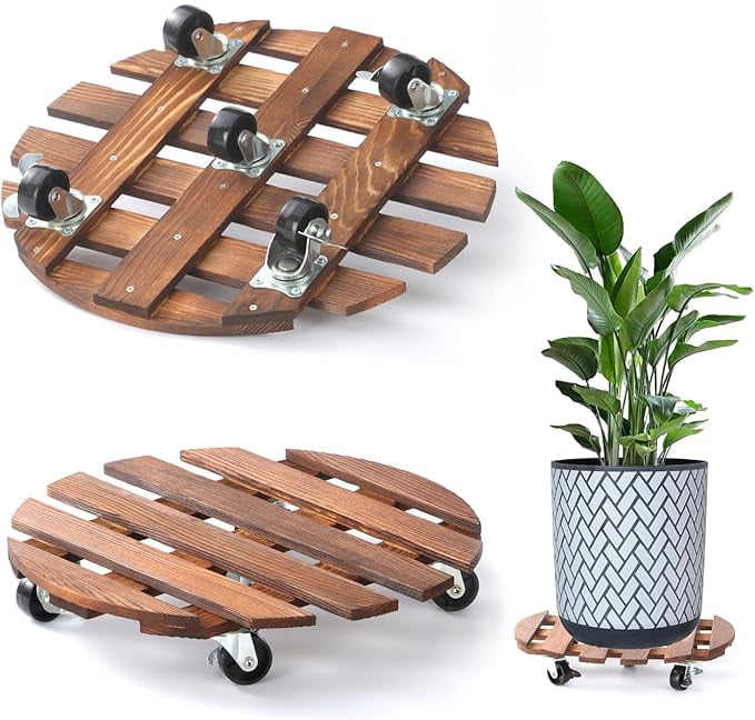 2-Pack 12-Inch Wooden Plant Caddy with Lockable 360° Swivel Wheels ...