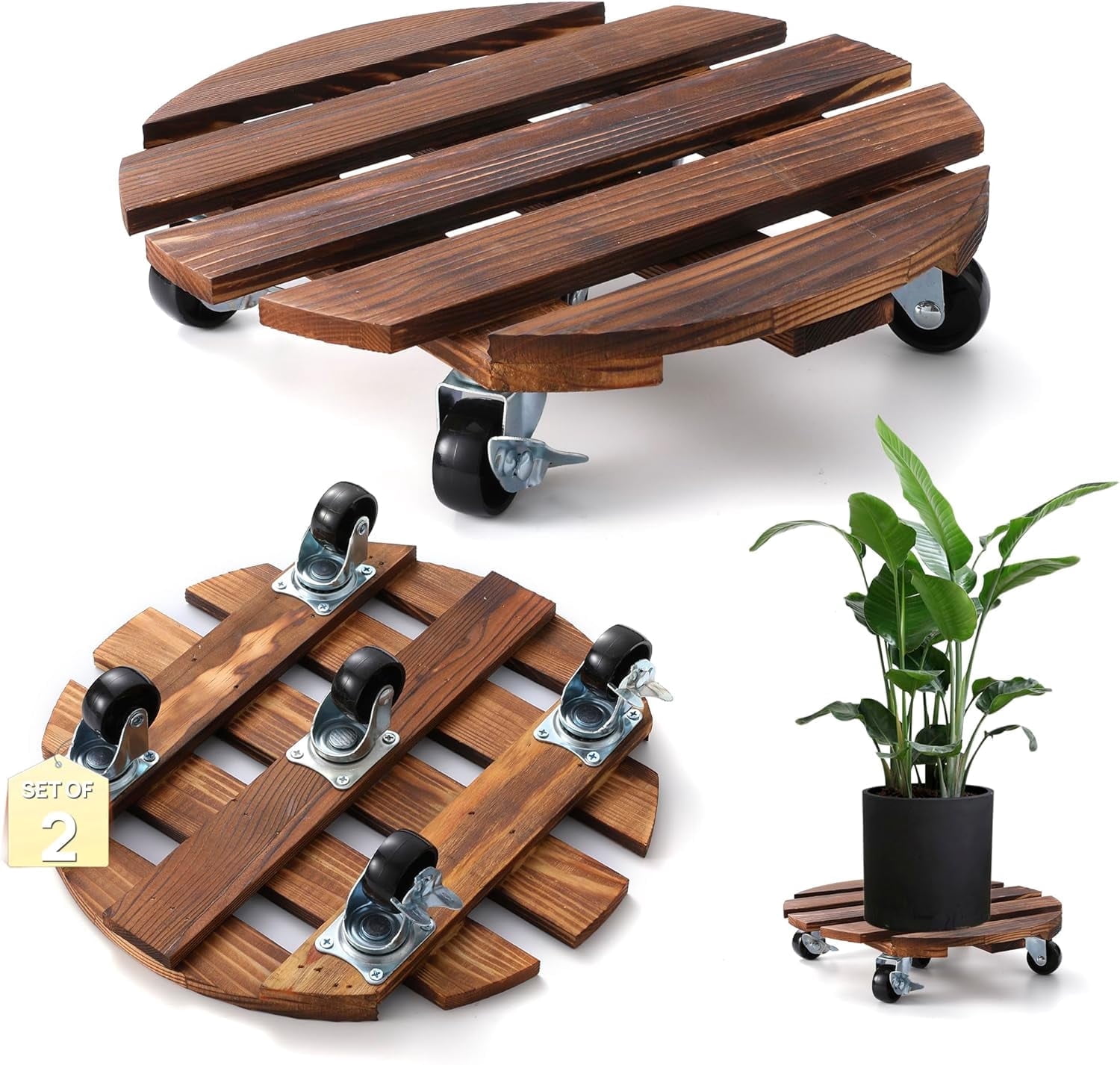 2-Pack Wooden Plant Caddy with Lockable Wheels, 12-Inch Pine Wood ...