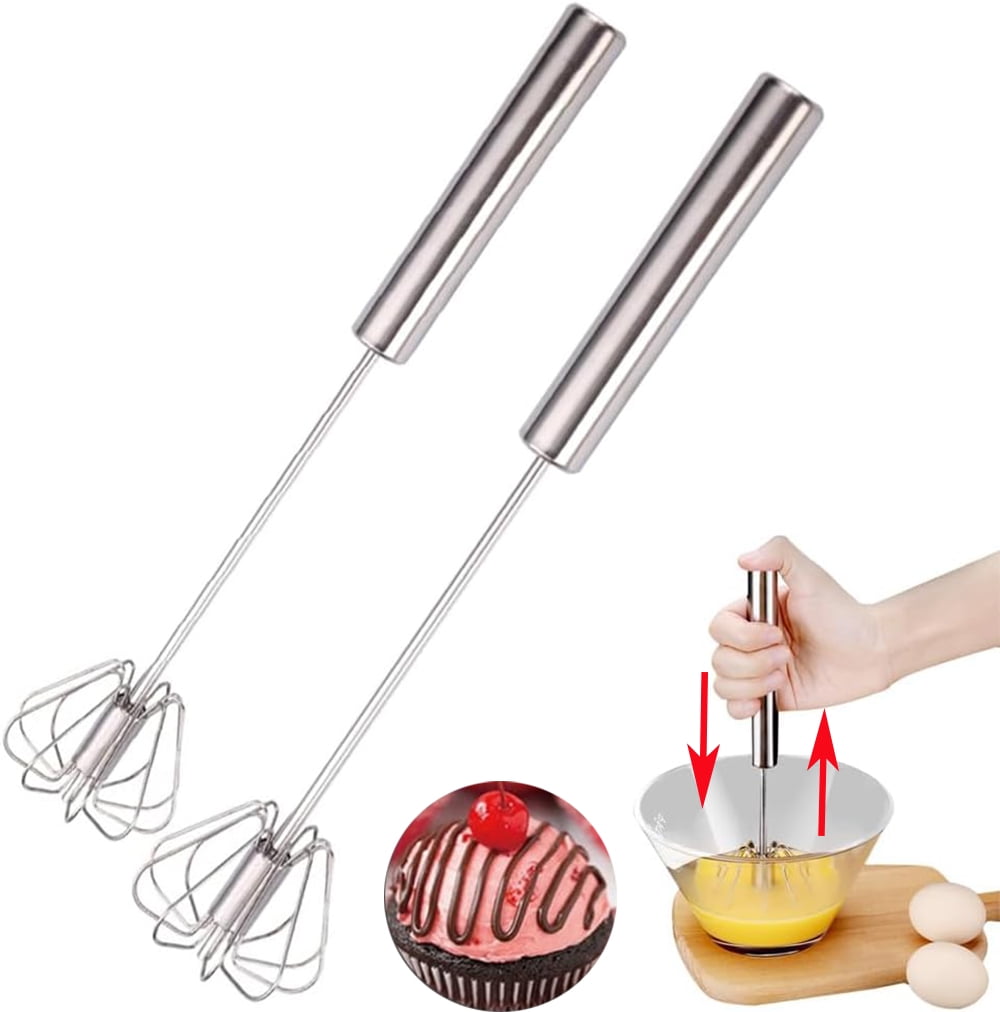 2 Pack 12 inch Stainless Steel Semi-Automatic Whisk, Egg Whisk Hand Push Rotary Whisk Blender ...