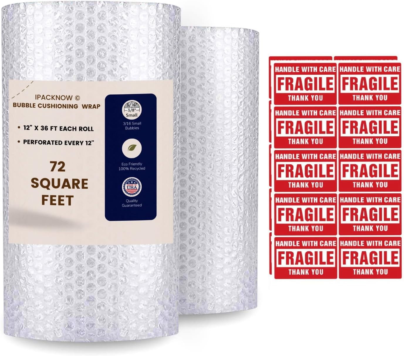 2 Pack 12''x72' Ft Bubble Cushion Wrap 72 Square Feet Total 3/16 Small ...