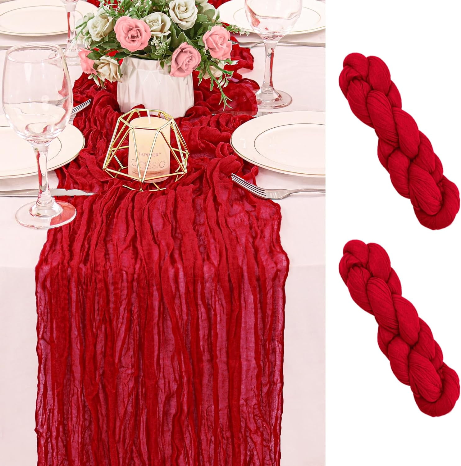 2 Pack 120 Inch Red Cheesecloth Table Runner Boho Rustic Gauze Sheer ...