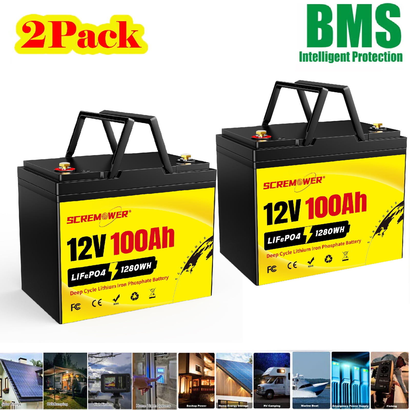 2 Pack 12V 100Ah LiFePO4 Deep Cycle Lithium Battery 100A BMS for Solar ...