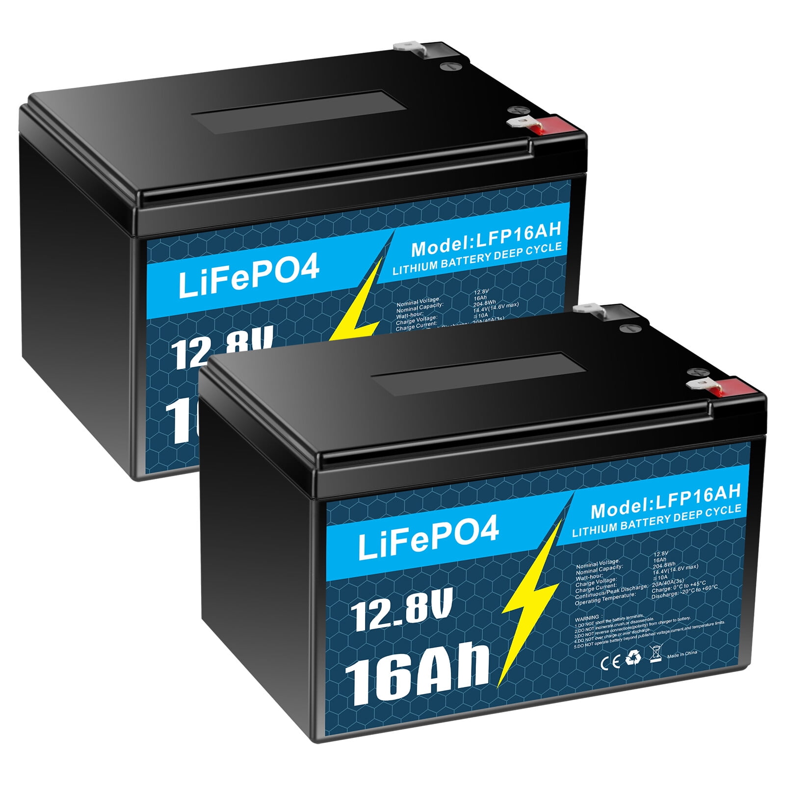 2 Pack 12V 16Ah LiFePO4 Lithium Battery, Deep Cycle, for UPS, E-Scooter ...