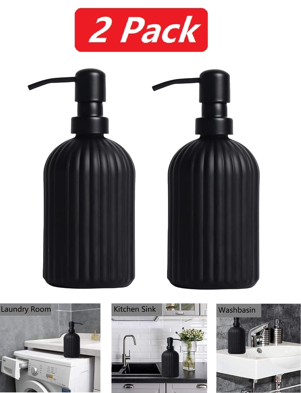 2 Pack 13.5 Oz Glass Soap Dispenser with Stainless Steel Pump ...