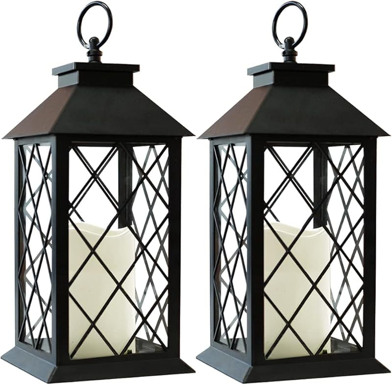 2-Pack 13.5" Vintage Candle Lantern with LED Pillar Candle (Black, 6hr ...