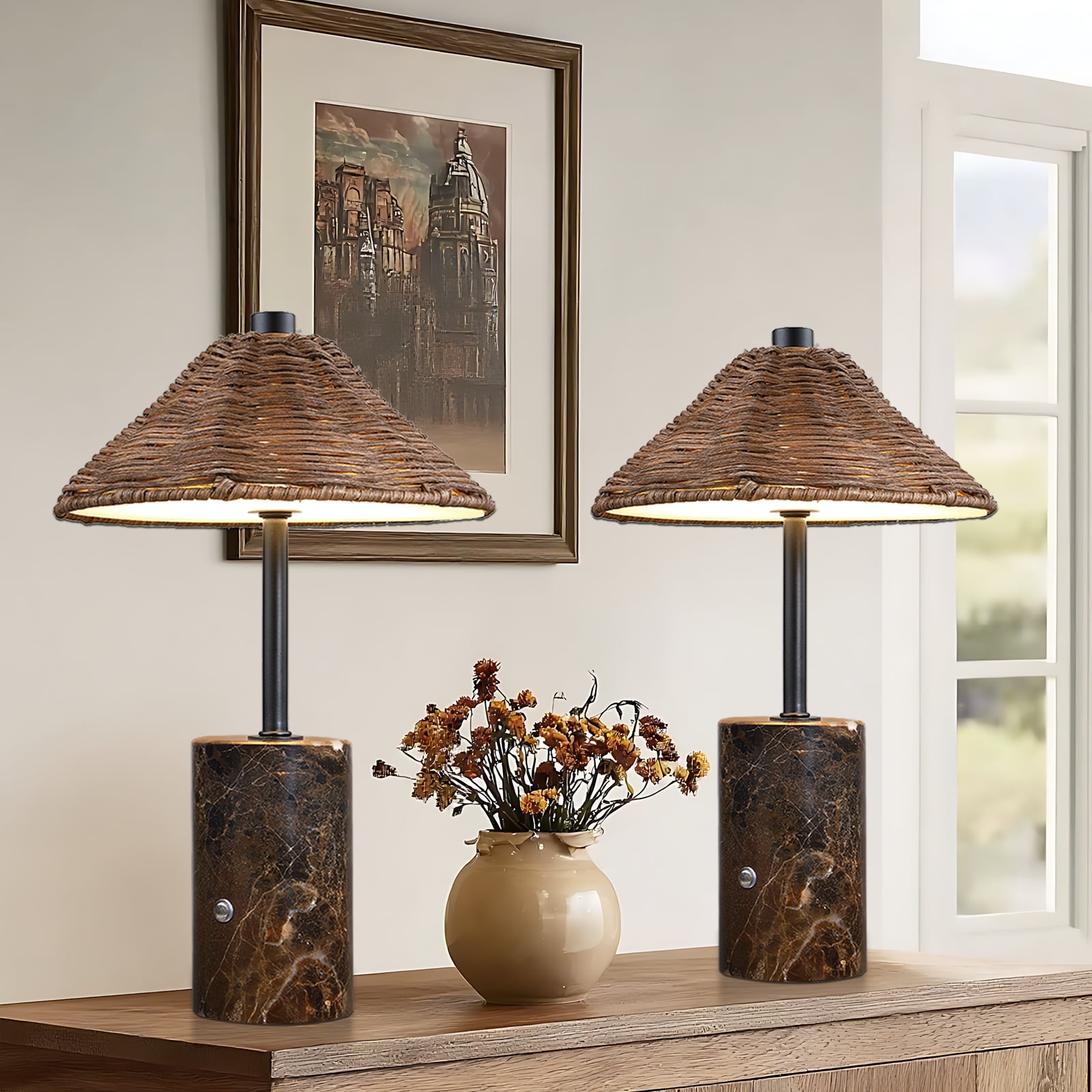 2 Pack 13 Inch Brown Boho Rattan Portable Table Lamp, 3 Color Touch ...
