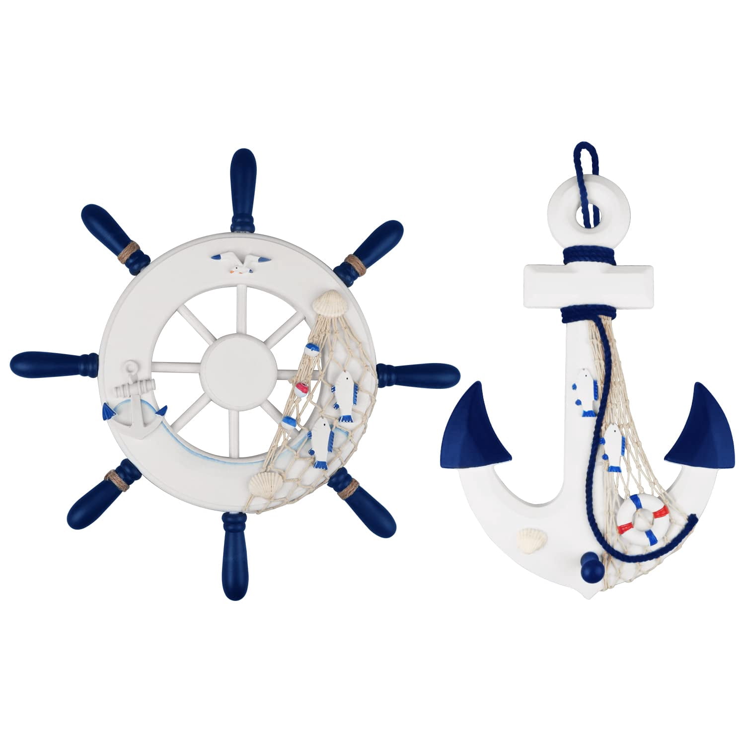 2 Pack 13" Nautical Beach Wooden Ship Wheel and 13" Wood Anchor with ...