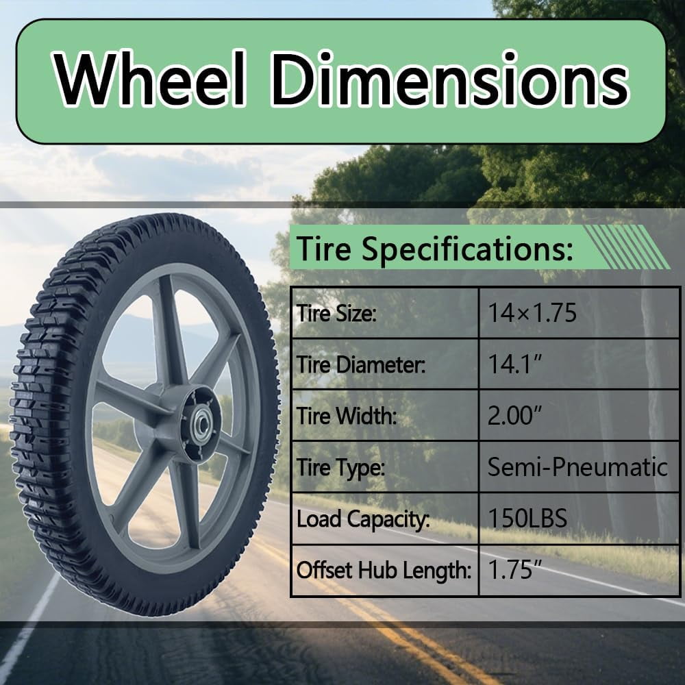 2 Pack 14 x 1.75" Plastic Spoke Wheel, Flat Free Rubber Tire with 1.75 ...