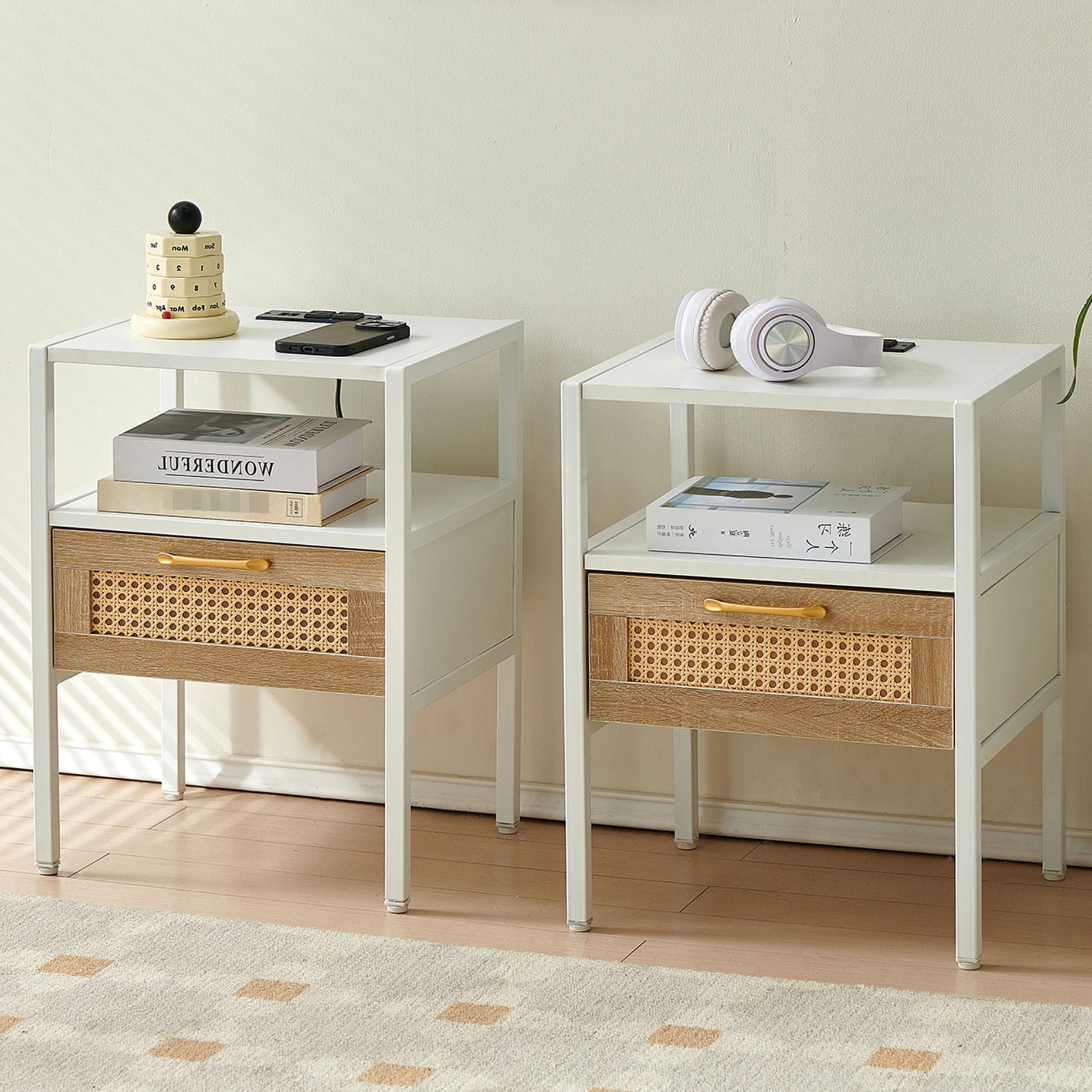 2-Pack of 15.75" Rattan End Tables | Power and Drawer Features for Home ...
