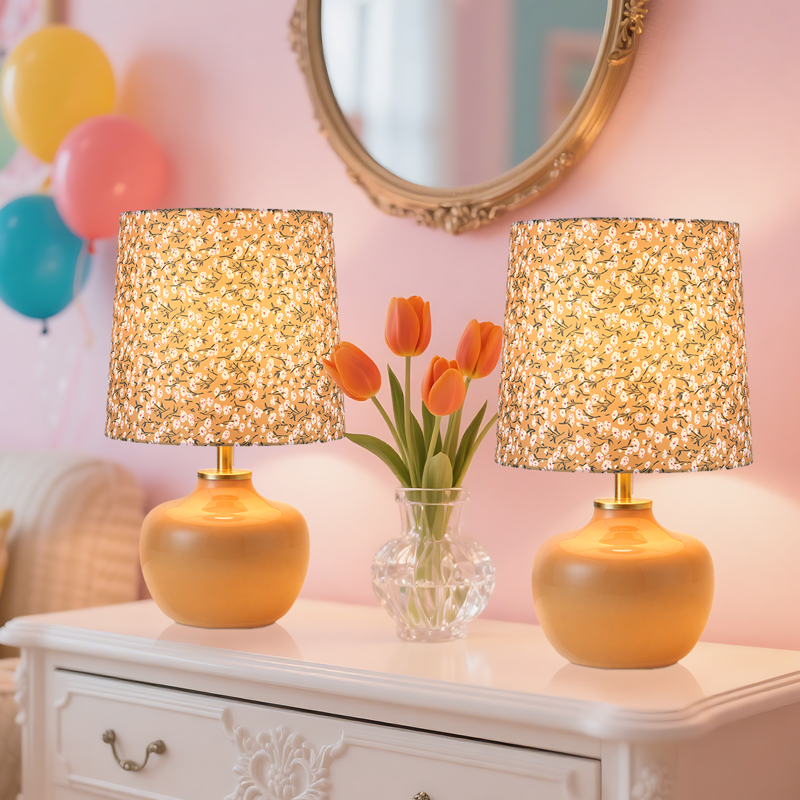 2 Pack,15" Cute Desk Lamp,Hand-Blown Orange Glass Nursery Lamp For Teen ...