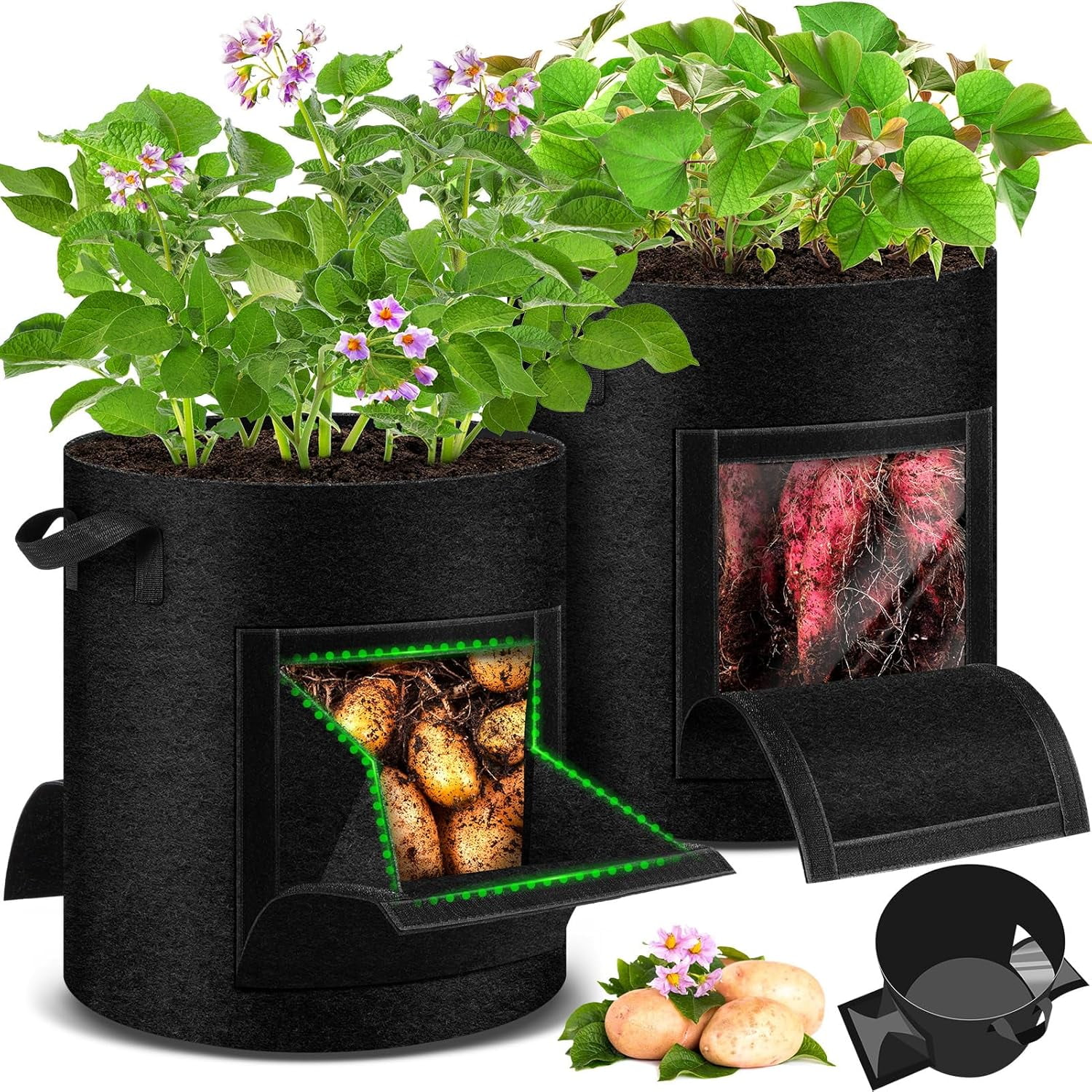 2 Pack 15 Gallon Potato Grow Bags with Pull-Down Harvest Window, Potato ...