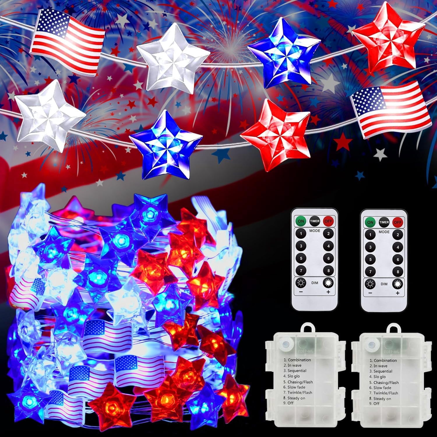 2 Pack 16.4 Ft 50 LED Red White and Blue Lights, Mini Star & USA Flag ...