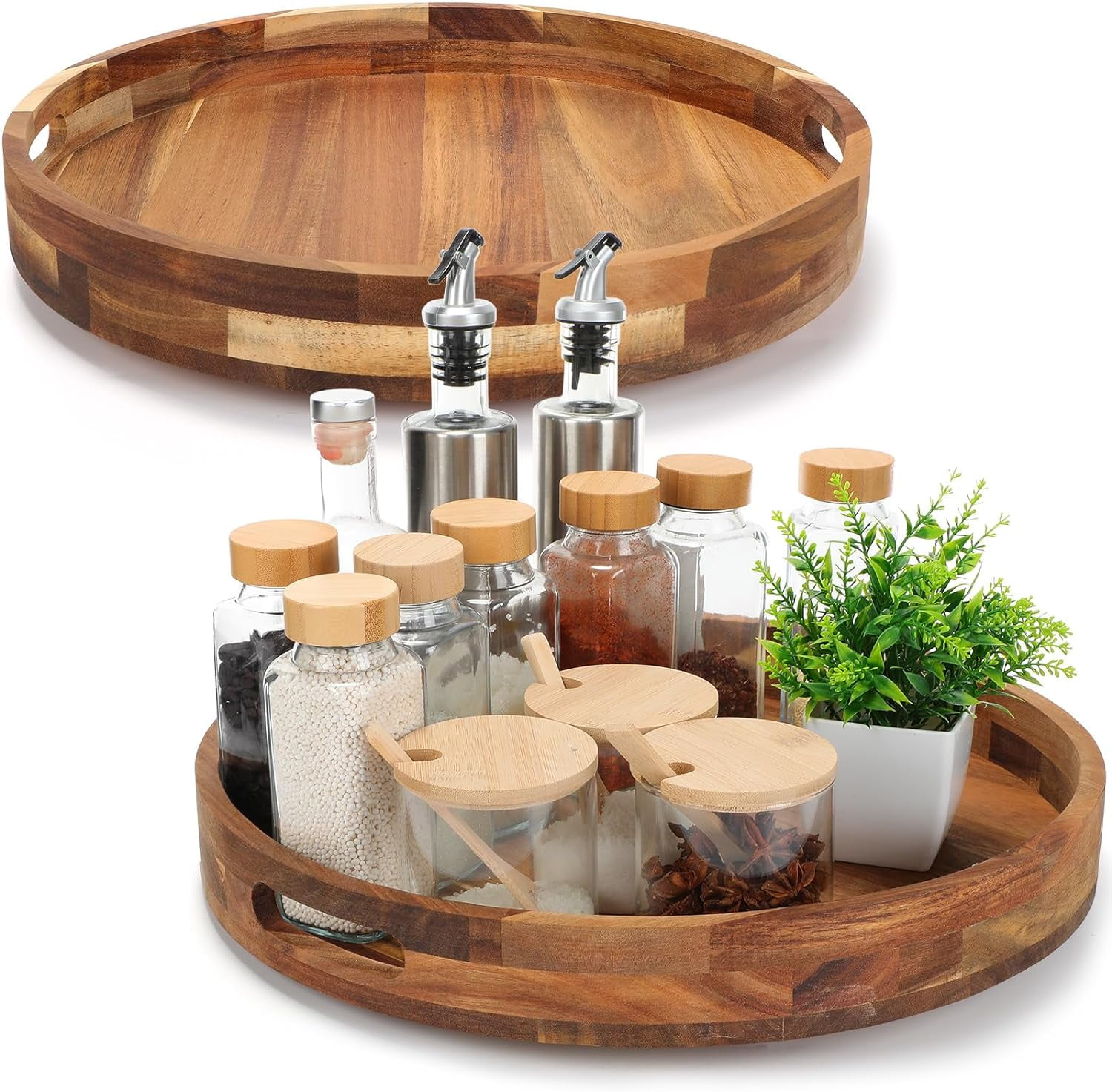 2 Pack 16 Inch Acacia Wood Lazy Susan Turntable with Handle Wooden ...