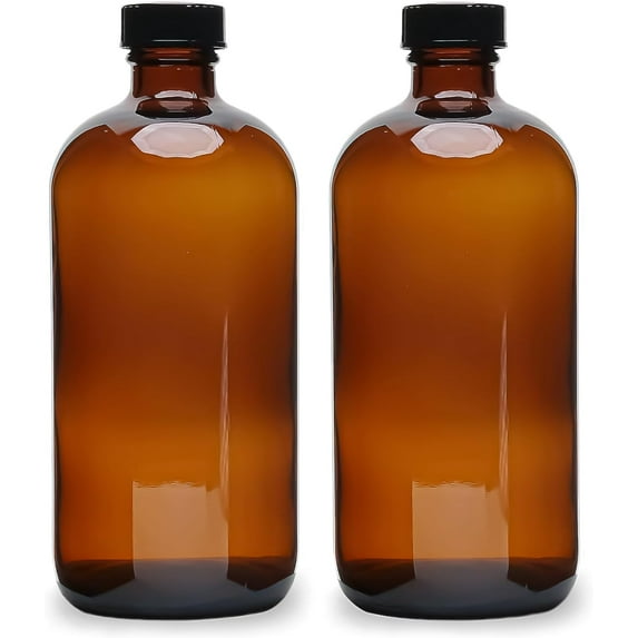 (2 Pack) - 16 oz Amber Glass Bottles with Black 28-400 Airtight ...