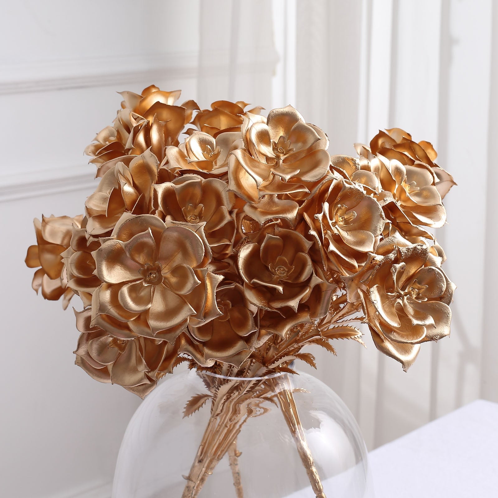 2 Pack | 17" Metallic Gold Artificial Rose Bloomed Flower Bouquet, Open ...