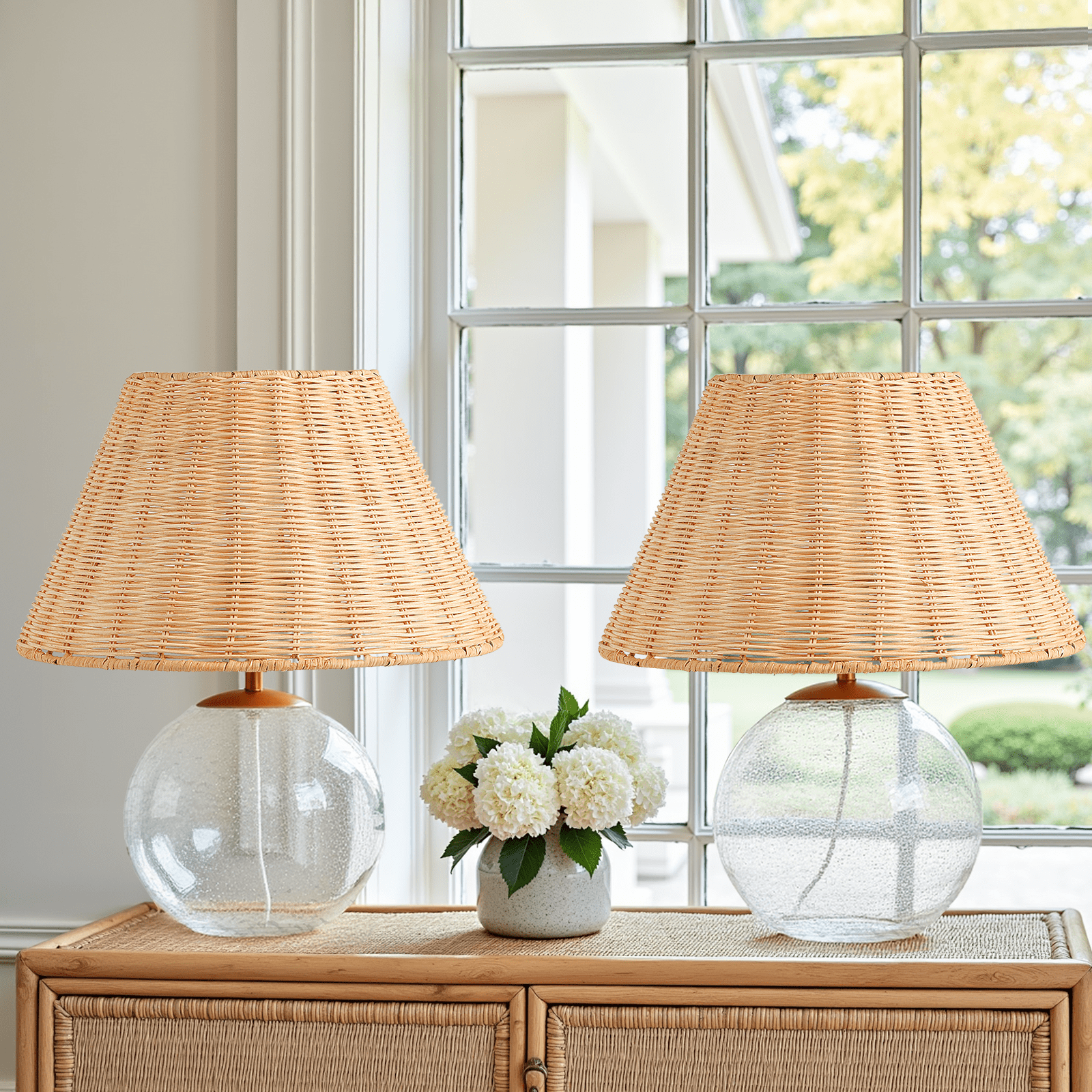 2 Pack 17" Rattan Single Table Lamp - Clear Glass Base With Handwoven ...