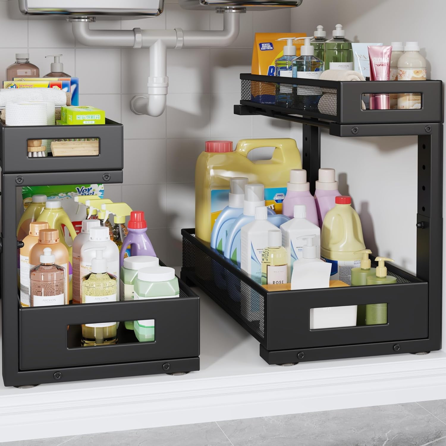 2 Pack 17IN Depth Under Sink Storage Organizer, Large 2-Tier Elegant ...