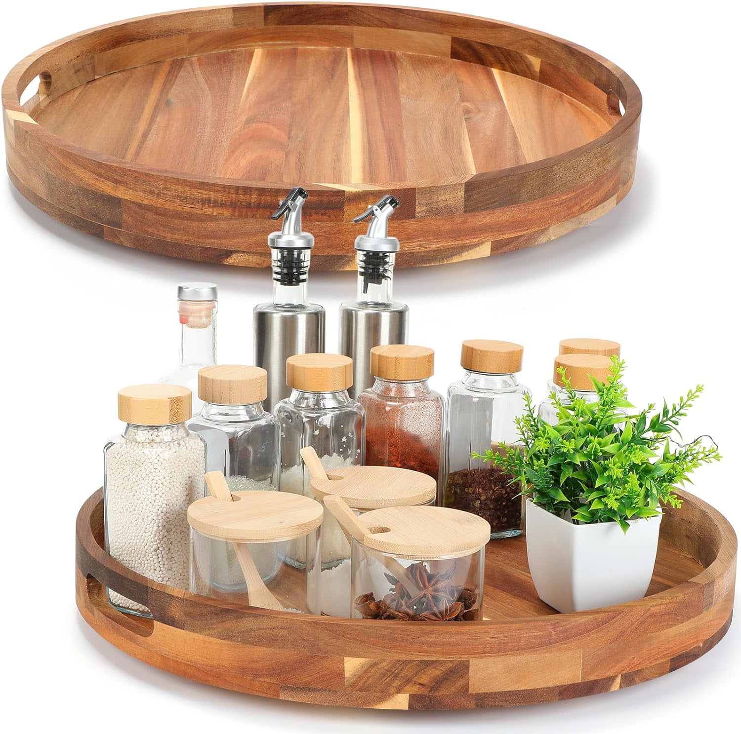 2 Pack 18 Inch Acacia Wood Lazy Susan Turntable with Handle Wooden ...