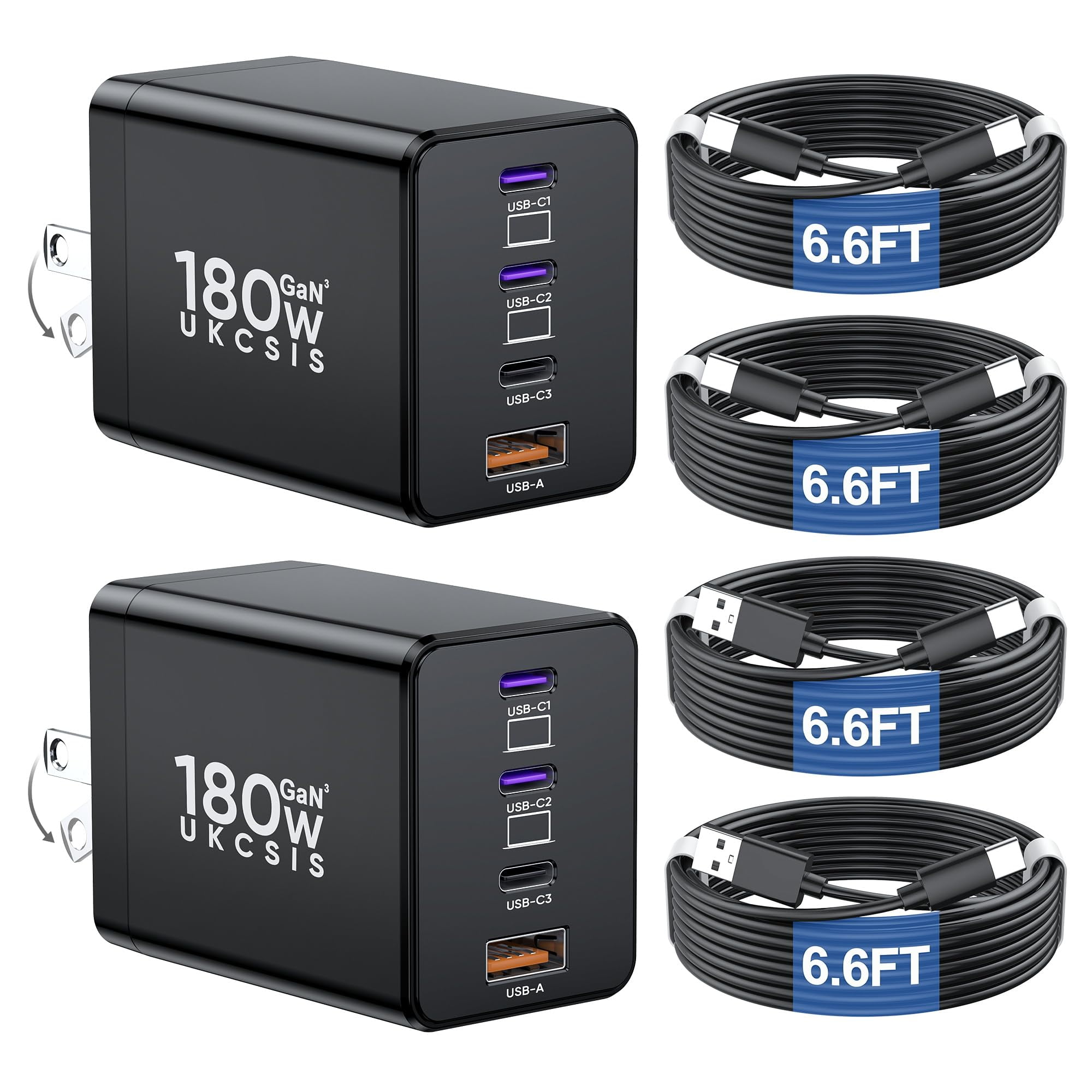 2 Pack 180W USB C Charger Block, Foldable 4-Port GaN Super Fast Charger ...