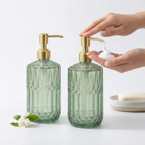 2 Pack 18Oz Green Glass Soap Dispenser Set, Refillable Hand Soap and ...