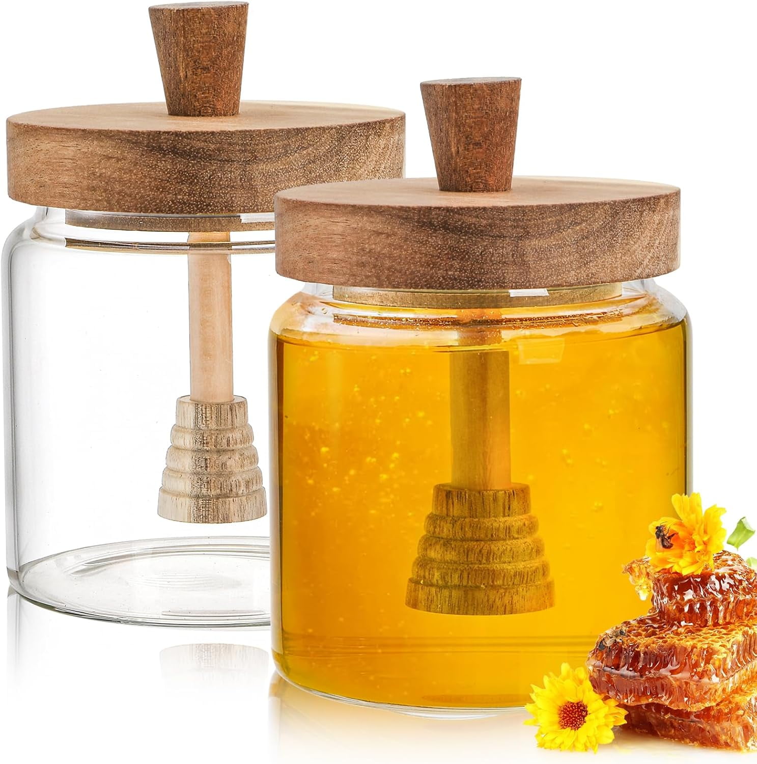 2 Pack 18oz Glass Honey Pot with Dipper and Lid, Glass Honey Jar Wide ...