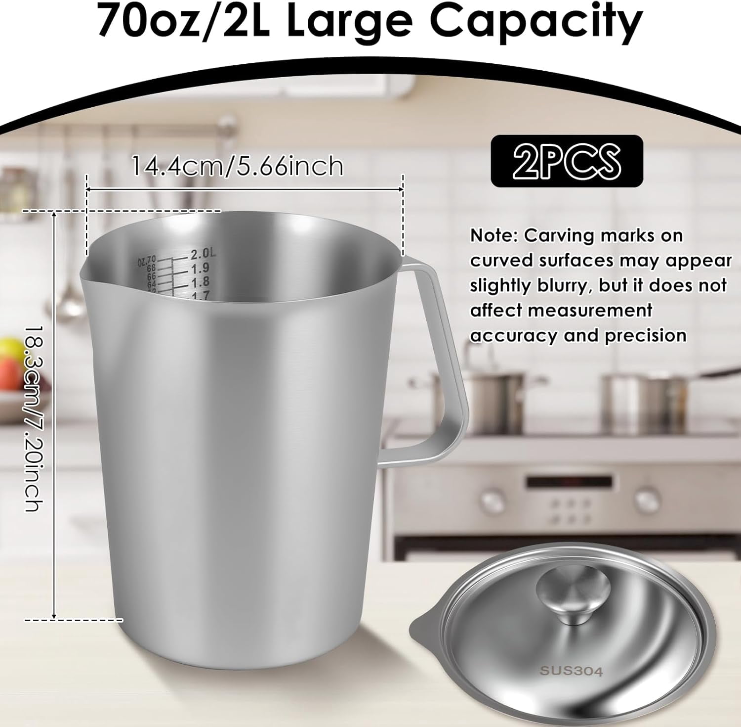 2 Pack 2.0 L / 70 oz Large Stainless Steel Measuring Cup, 8 Cup Metal ...