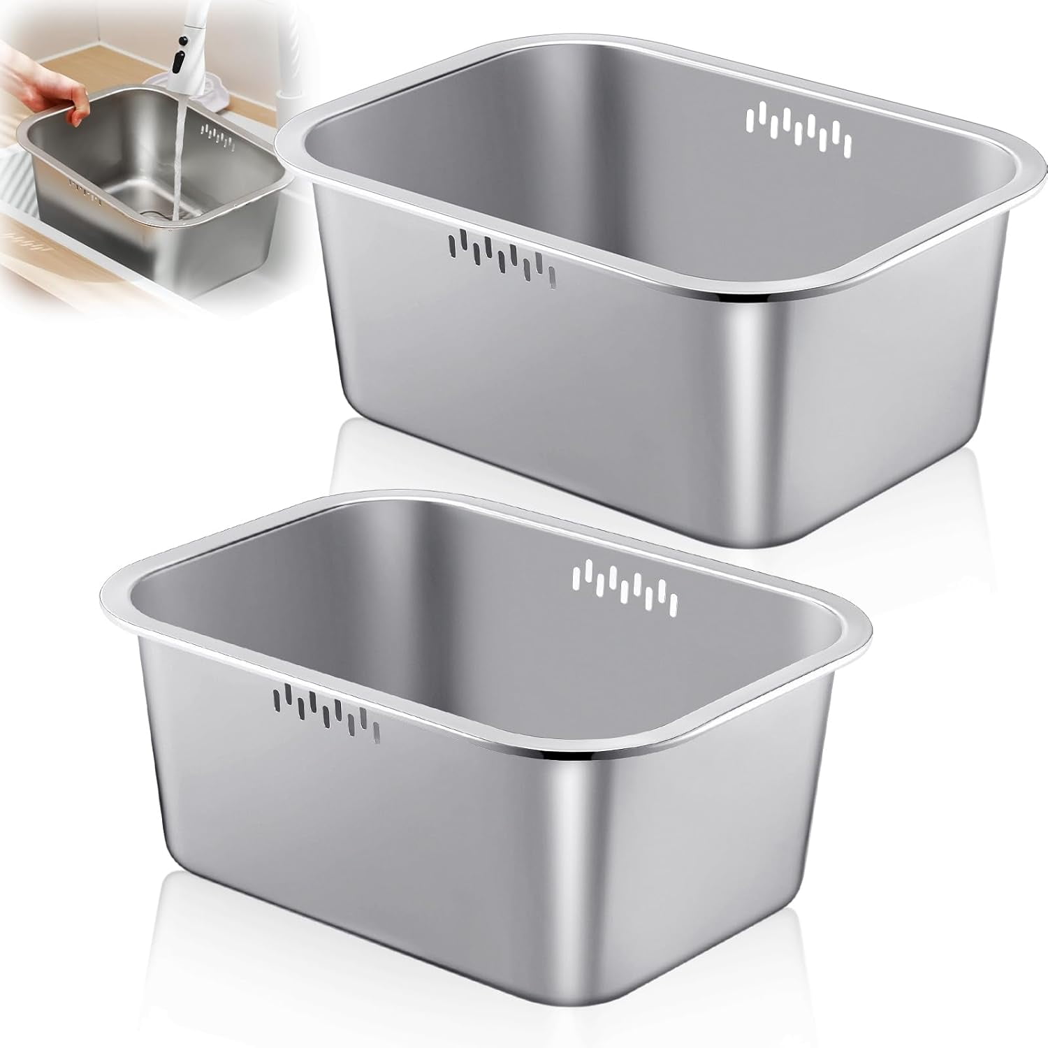 2 Pack 2.6 Gallons Stainless Steel Basin Large Washing up Bowl Basket ...