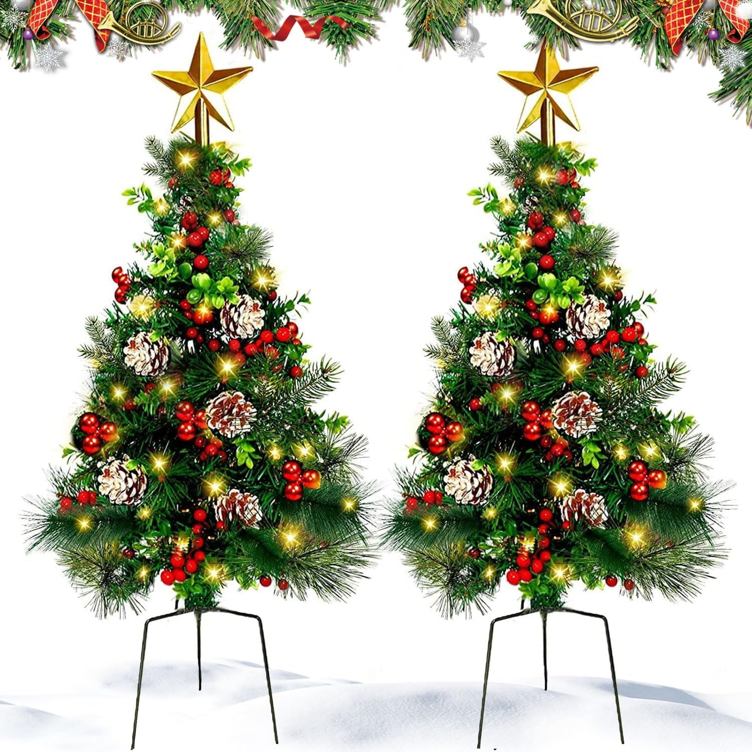2 Pack 2.7FT Outdoor Christmas Trees,Pre-Lit Christmas Decoration ...