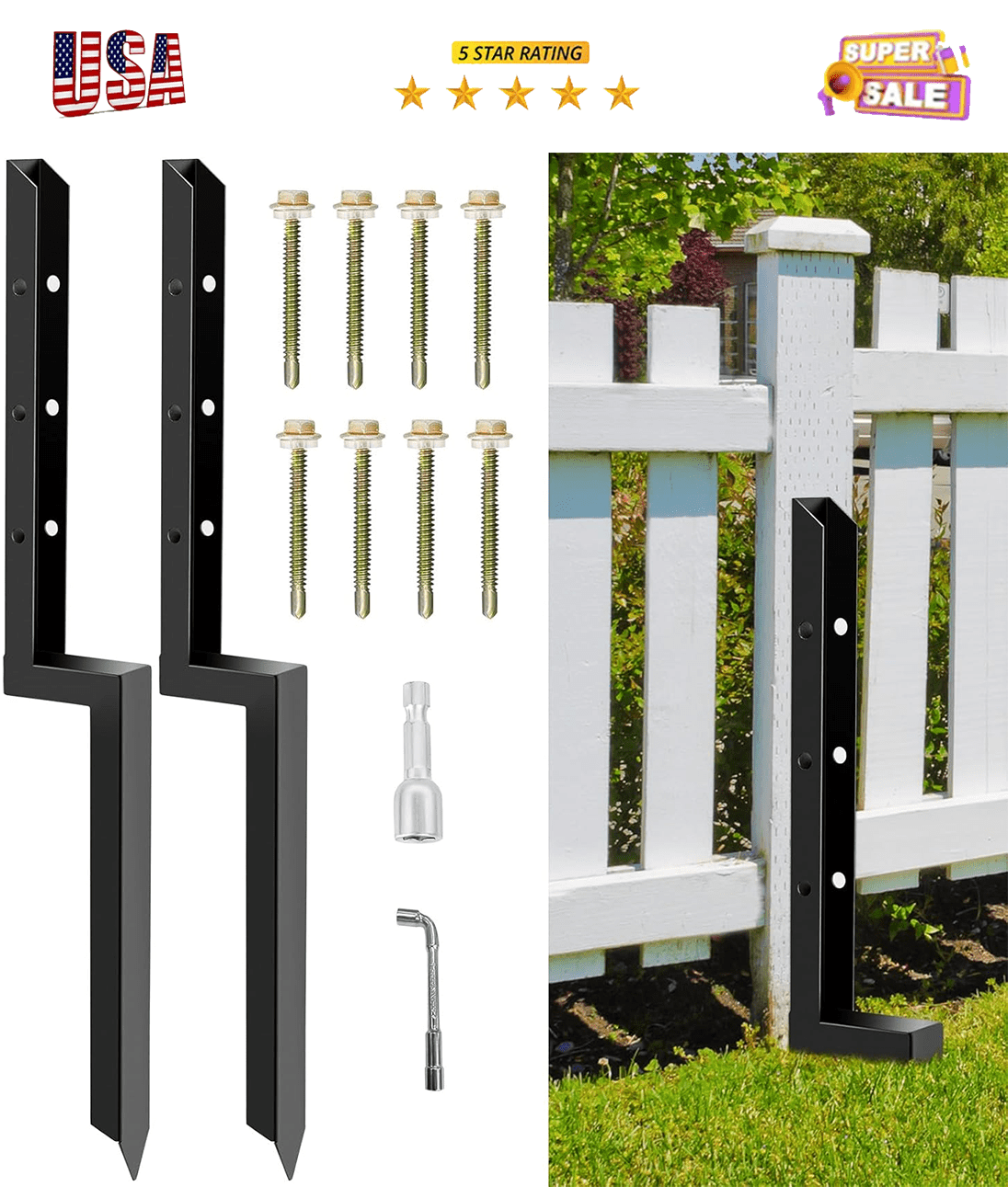 2-Pack 2" Fence Repair Kit - 34in Heavy Spikes for Fixing Tilted Wooden ...