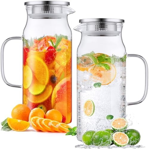 2 Pack 2 Liter 68 oz 2.1 Qt Glass Pitcher with Lid and Handle, Water ...