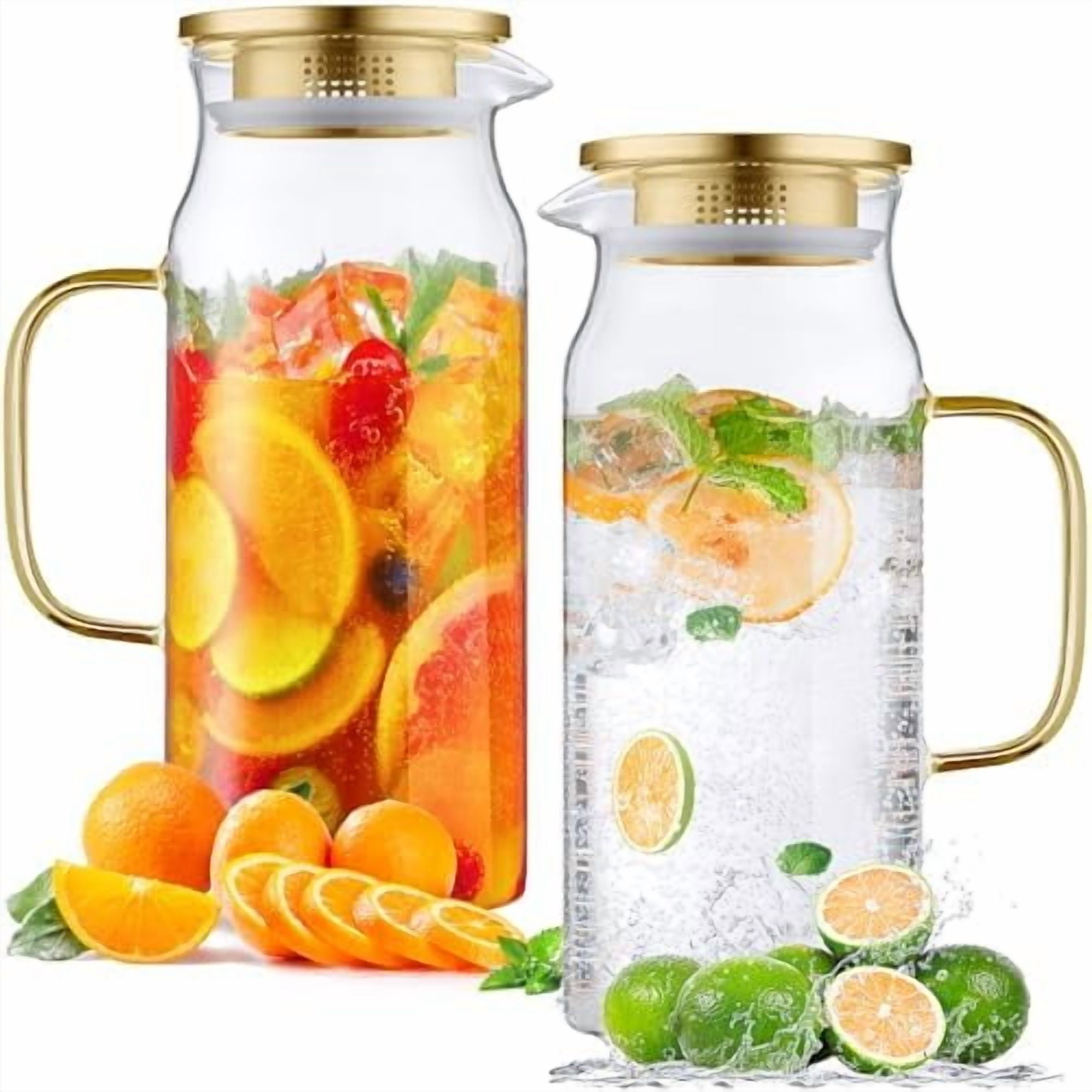 2 Pack 2 Liter 68 oz 2.1 Qt Gold Glass Pitcher with Lid and Handle ...
