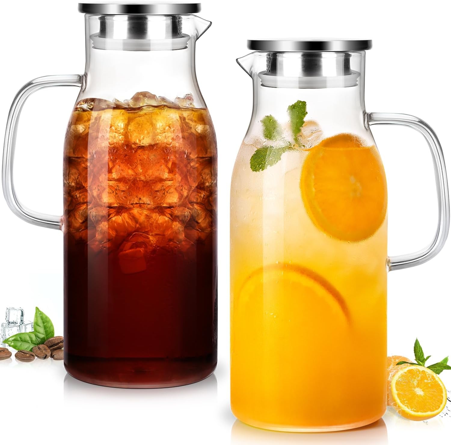 2 Pack 2 Liter 68 oz Glass Pitcher with Lid and Handle, Water Pitcher ...
