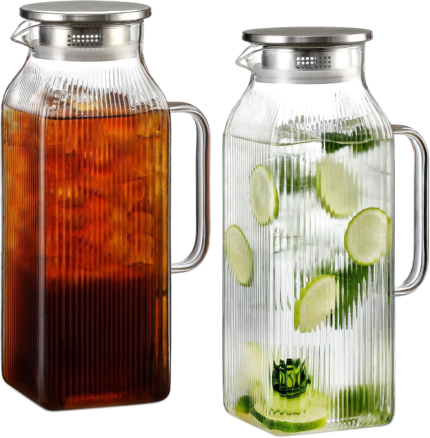 2 Pack 2 Liter/68 oz Square Glass Pitcher with Lid, Classic Stripes ...