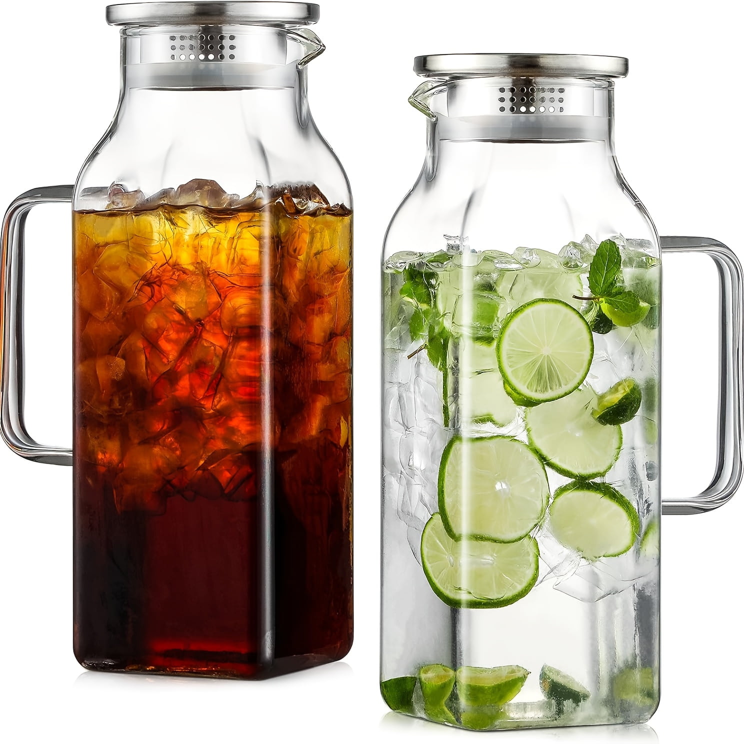 2 Pack 2 Liter Square Glass Pitcher with Lid, Heat Resistant ...