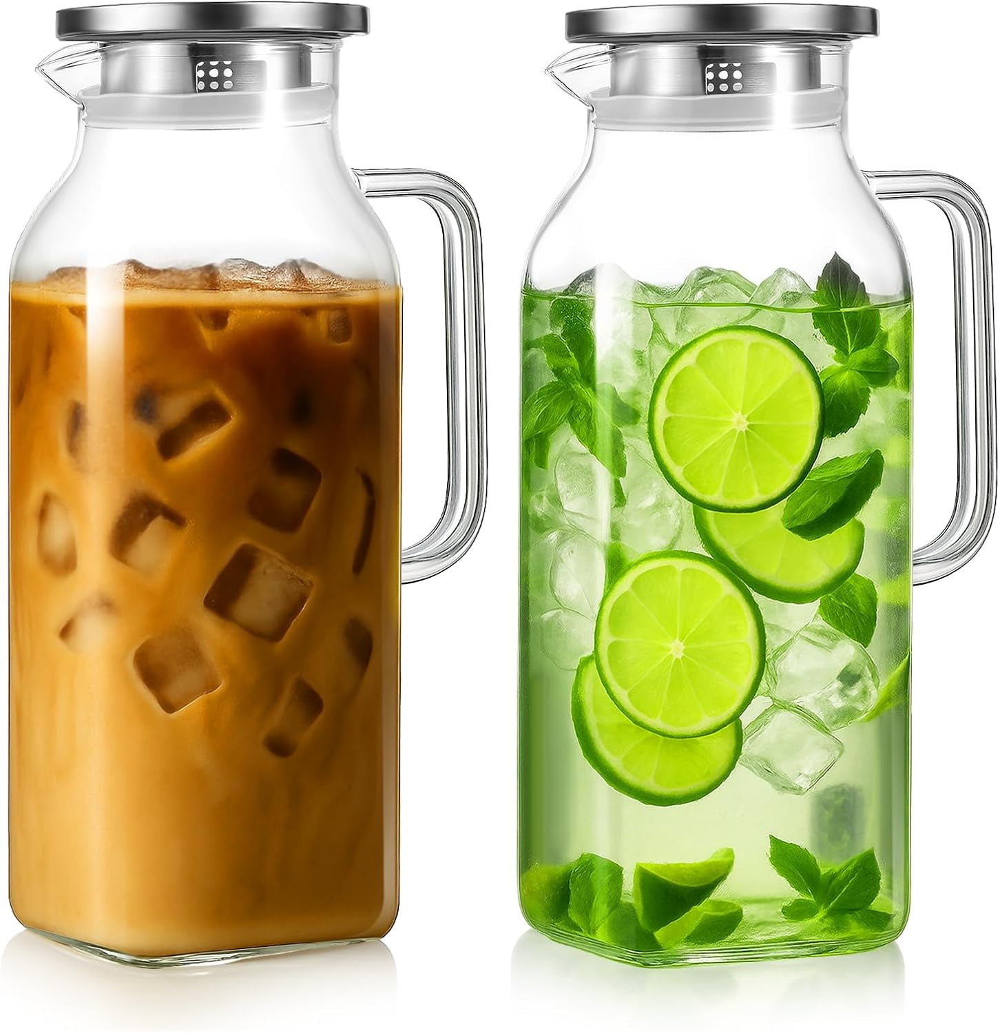 2 Pack 2 Liters/68 oz Glass Pitcher with Lid Spout, Square Hot Cold ...