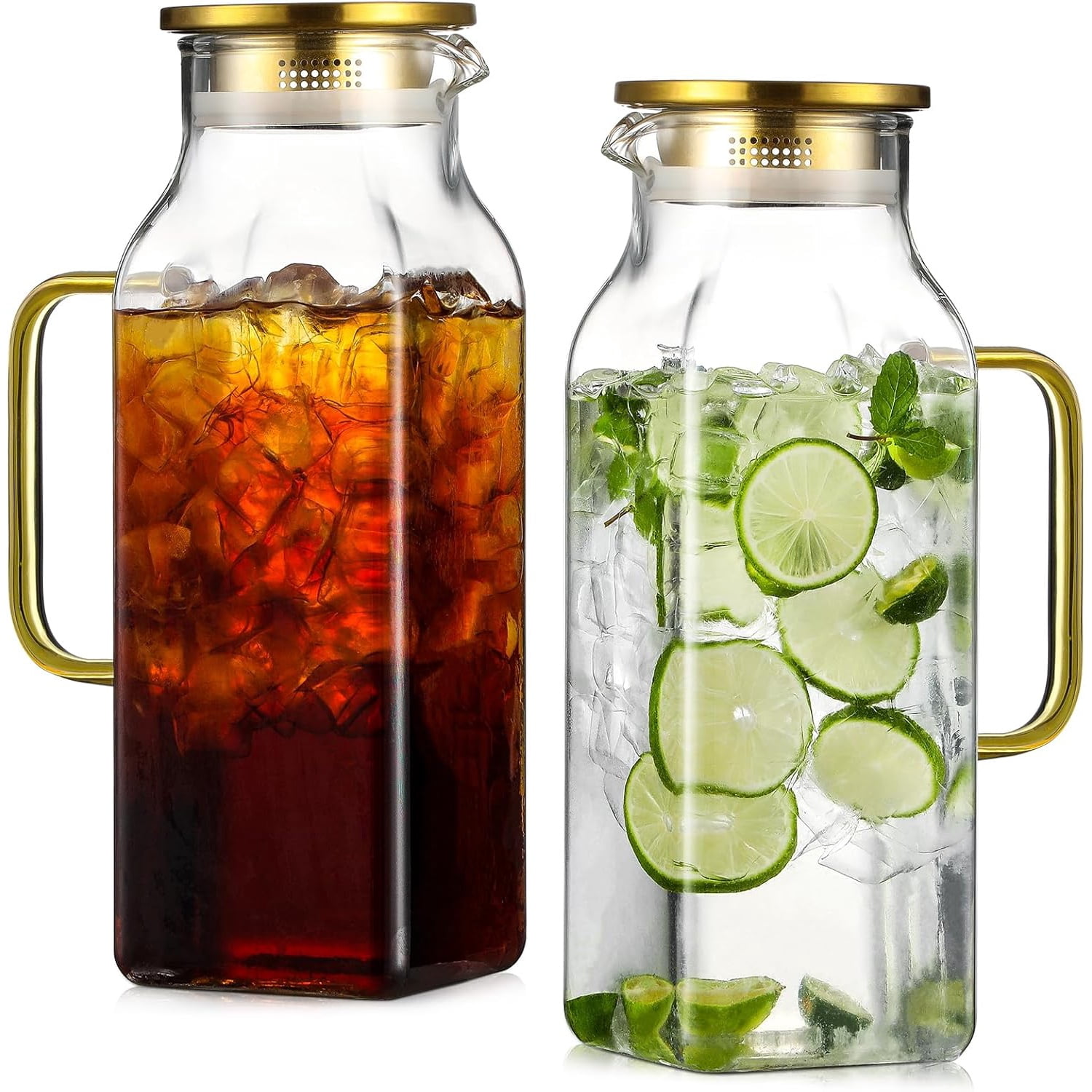 2 Pack 2 Liters/68 oz Square Glass Pitcher with Lid and Handle for ...
