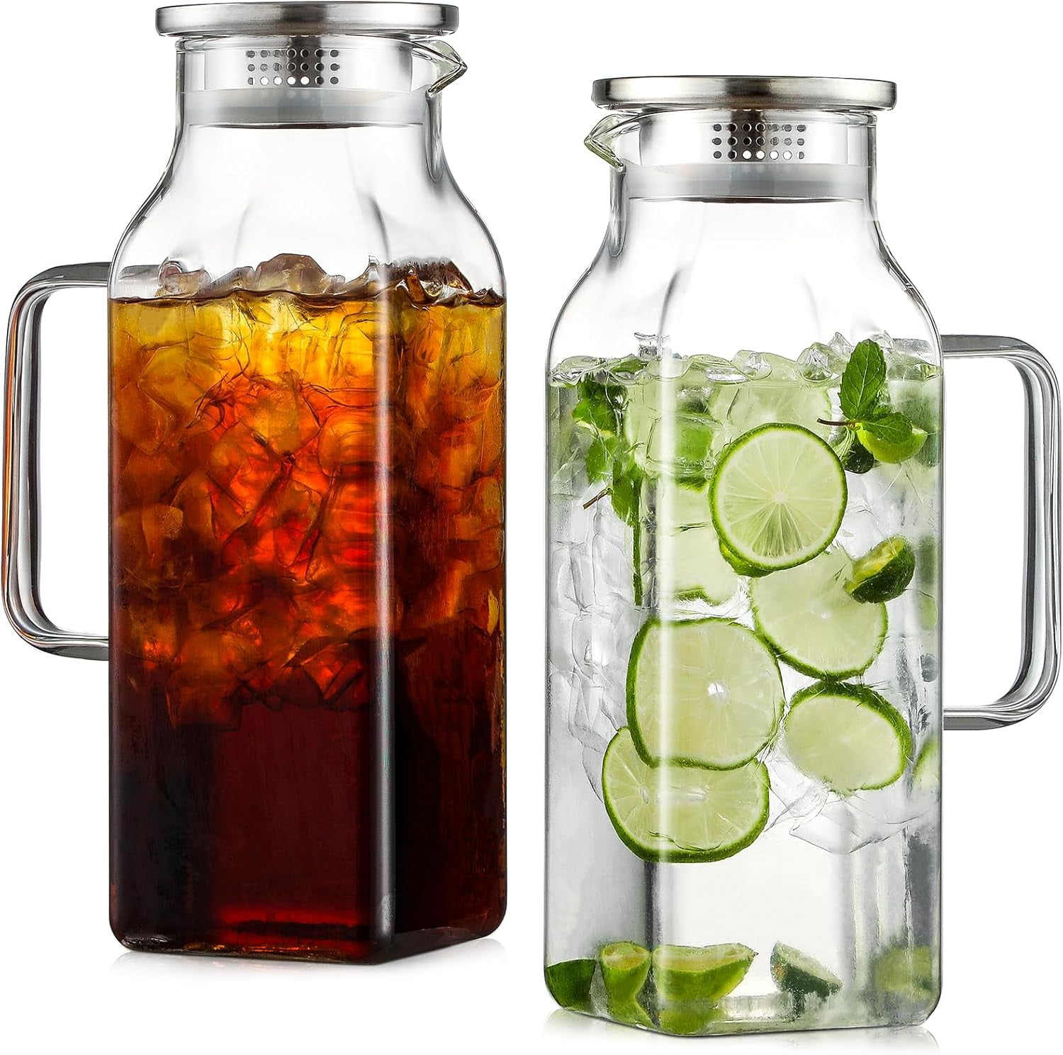 2 Pack 2 Liters/68 oz Square Glass Pitcher with Lid and Handle for ...
