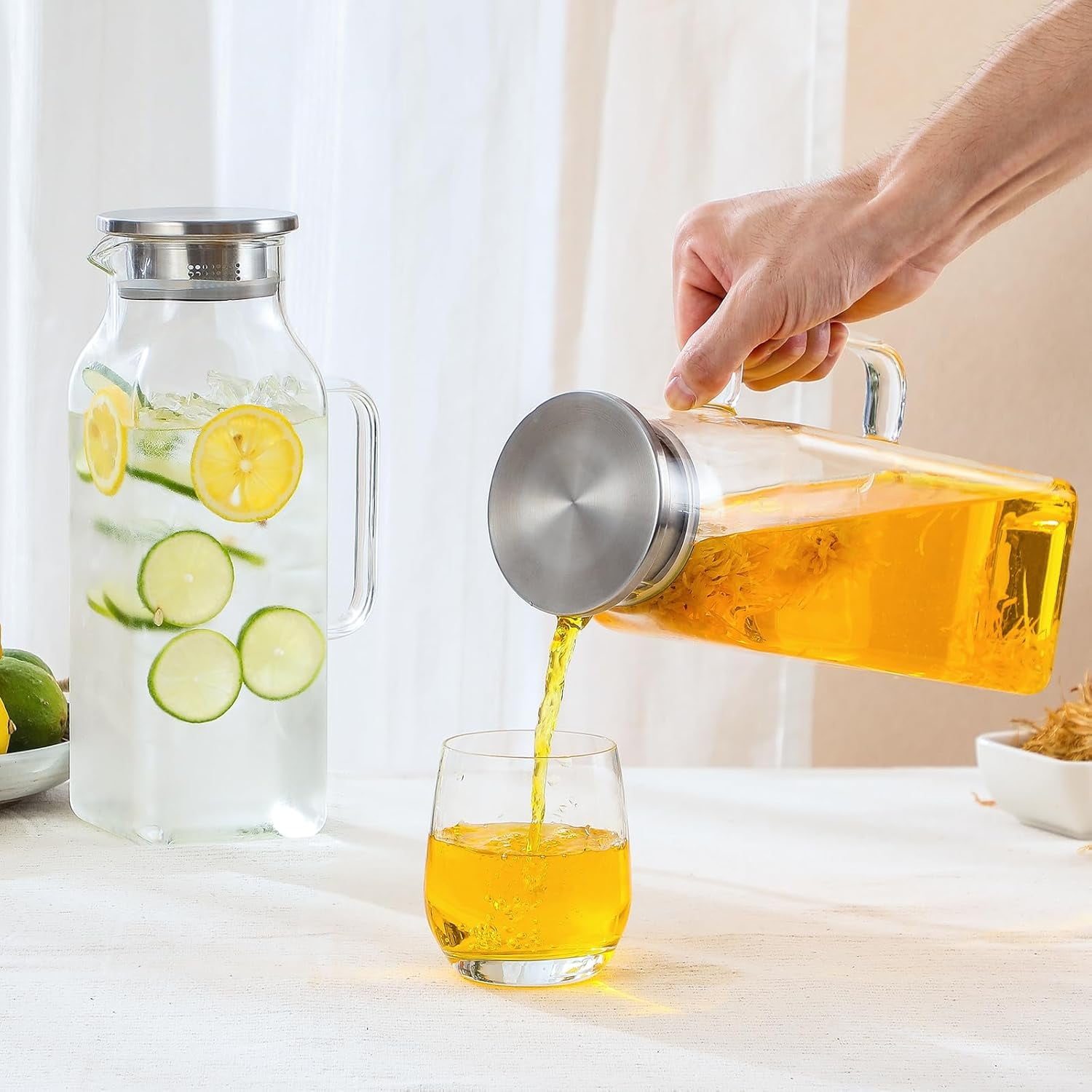 2 Pack 2 Liters Glass Pitcher with Lid and Handle for Iced Tea, Coffee ...