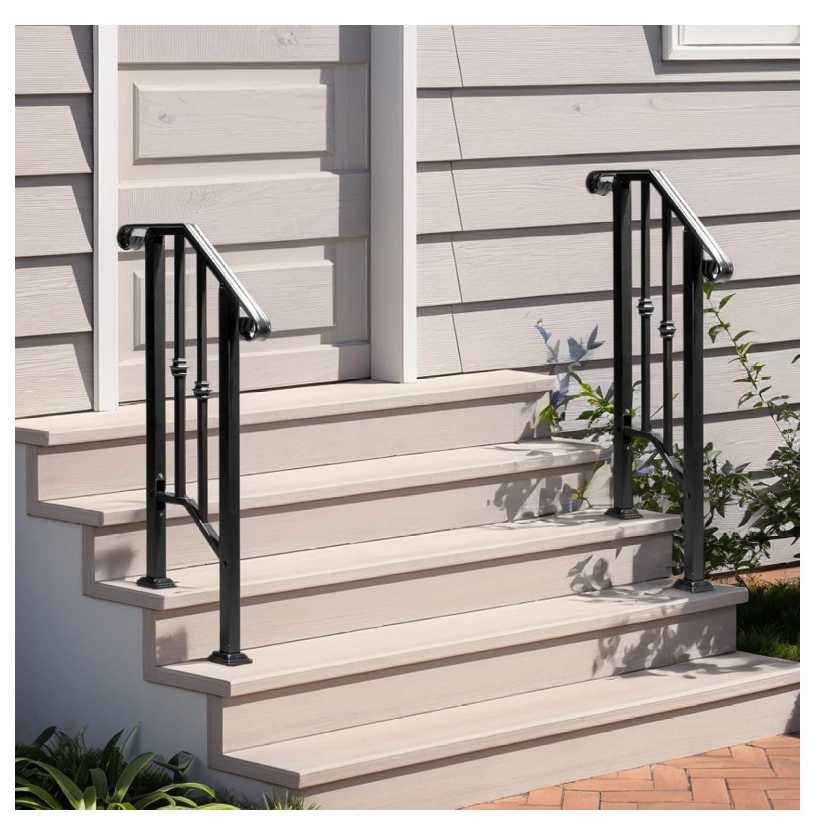 2 Pack 2 Step Handrails for Outdoor Steps, Wrought Iron Stair Railing ...