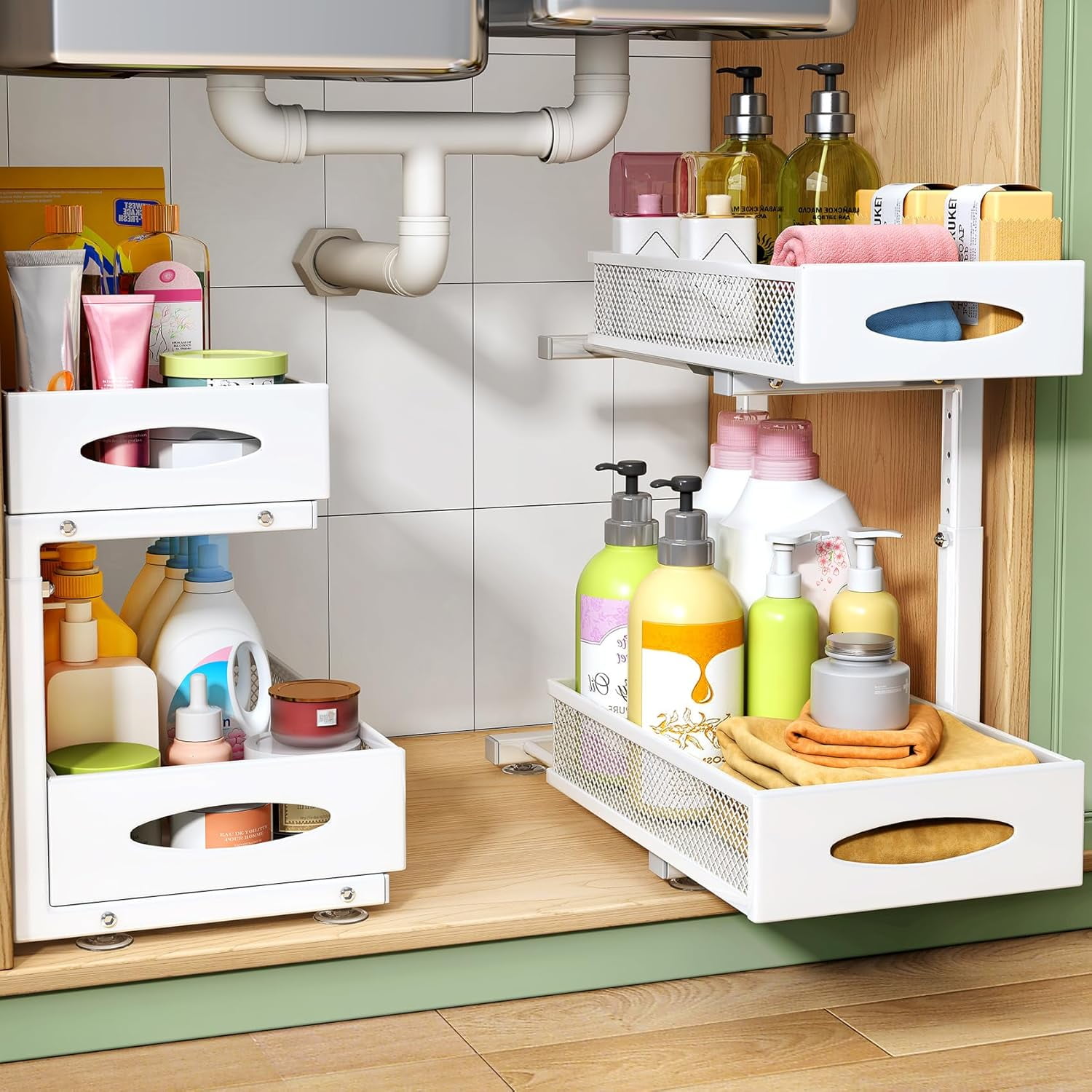 2 Pack 2 Tier Pull out Cabinet Organizer Baskets with Mesh Sliding ...