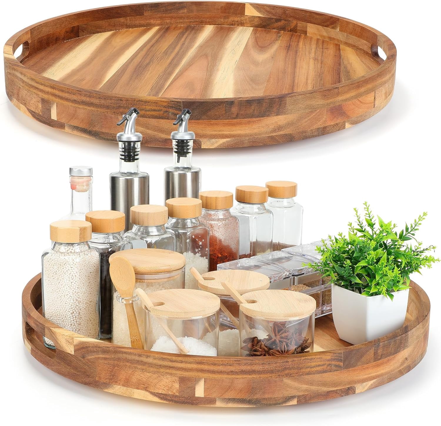 2 Pack 20 Inch Acacia Wood Lazy Susan Turntable with Handle Wooden ...